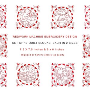 Set of 10 Quilt Blocks Redwork Machine Embroidery 2 Sizes - Etsy