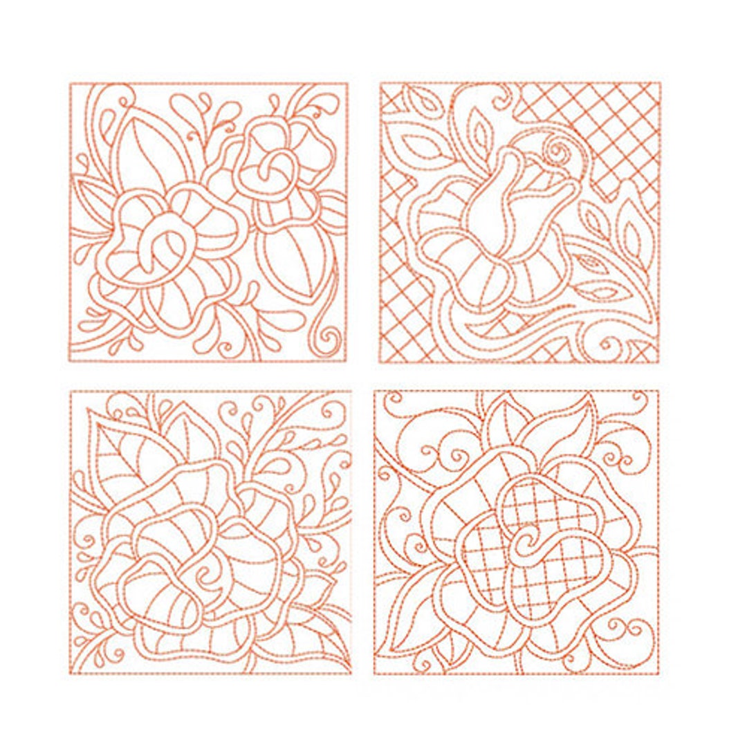 Redwork Rose Quilting Blocks Set of 4 - Machine Embroidery Designs in 4 ...