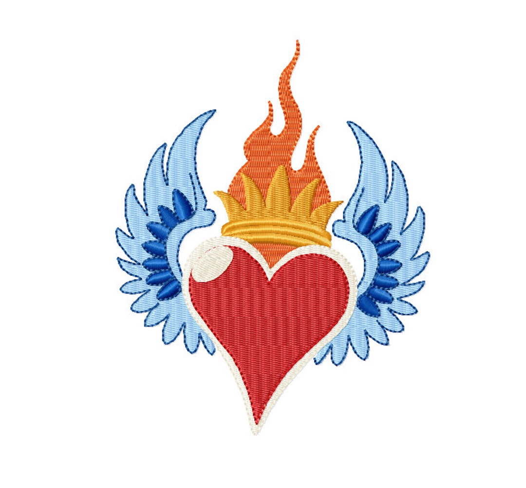 Tattoo Style Sacred HEART Winged Flaming Heart FILLED Machine ...