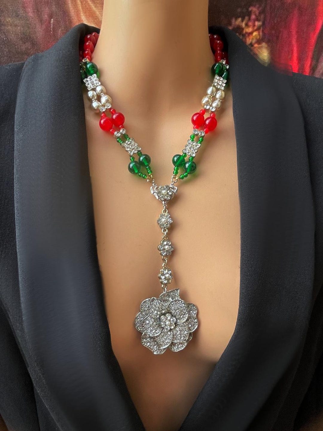 Diamante Rose Pendant / Medallion Emerald Green & Ruby Red Statement ...