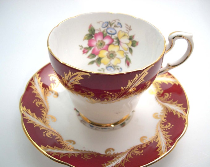 Red Paragon Tea Cup and Saucer, Maroon Red With Flowers, Red and Gold ...