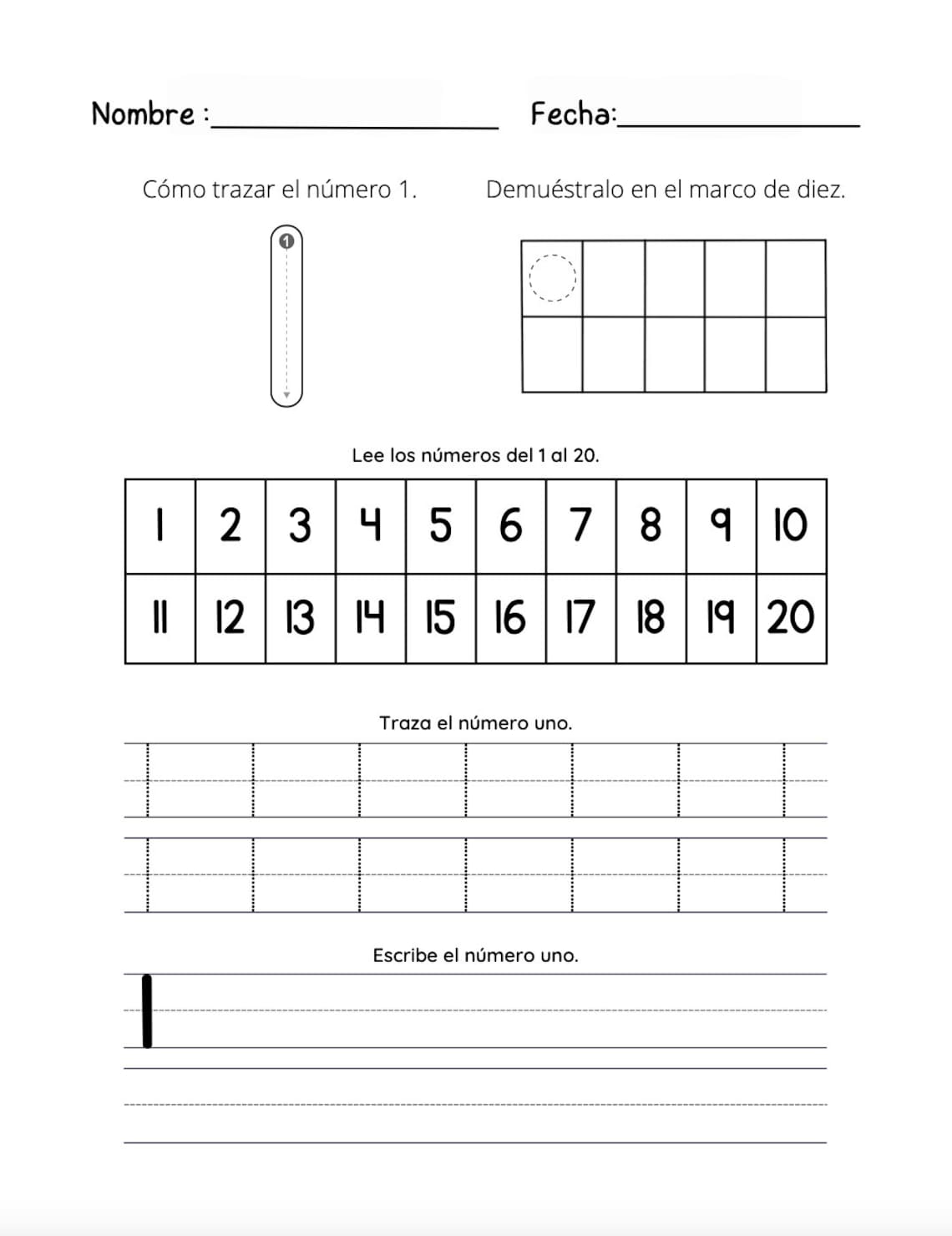 Tracing and Writing Numbers 1-20 Spanish Worksheet - Etsy