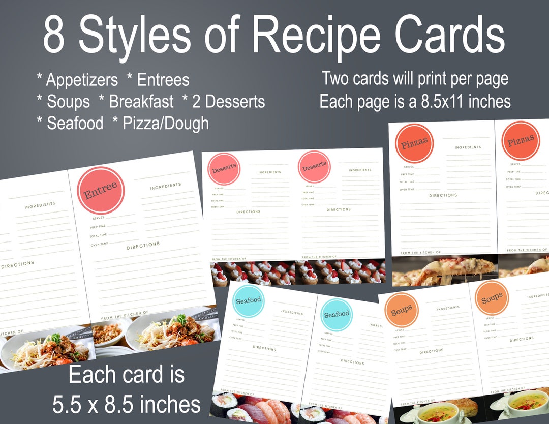 Printable Recipe Cards, 8 Titles, Print 2 Cards per 8.5 X 11 Inch Page ...