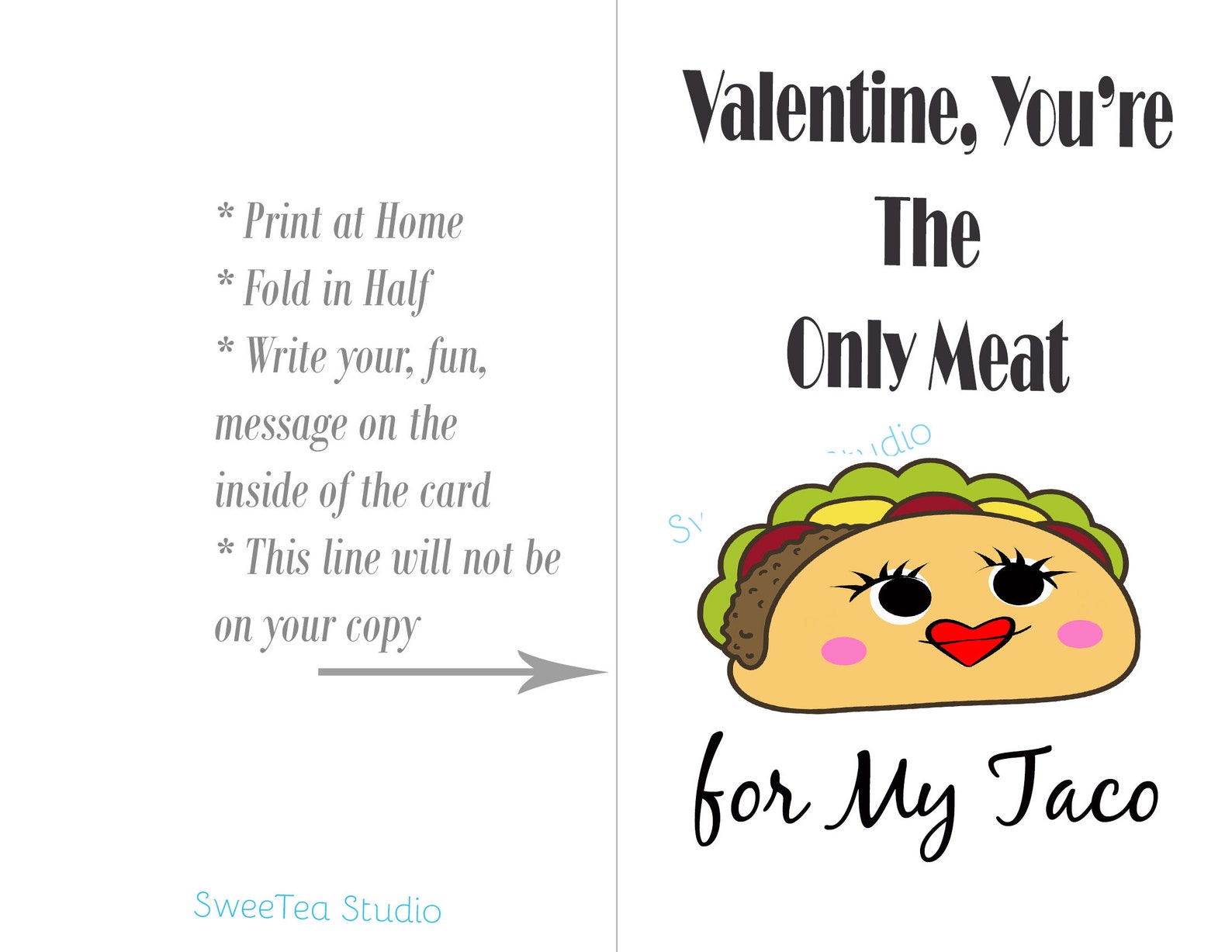 Valentine, You're the Only Meat for My Taco, PDF Valentine Card, Print ...