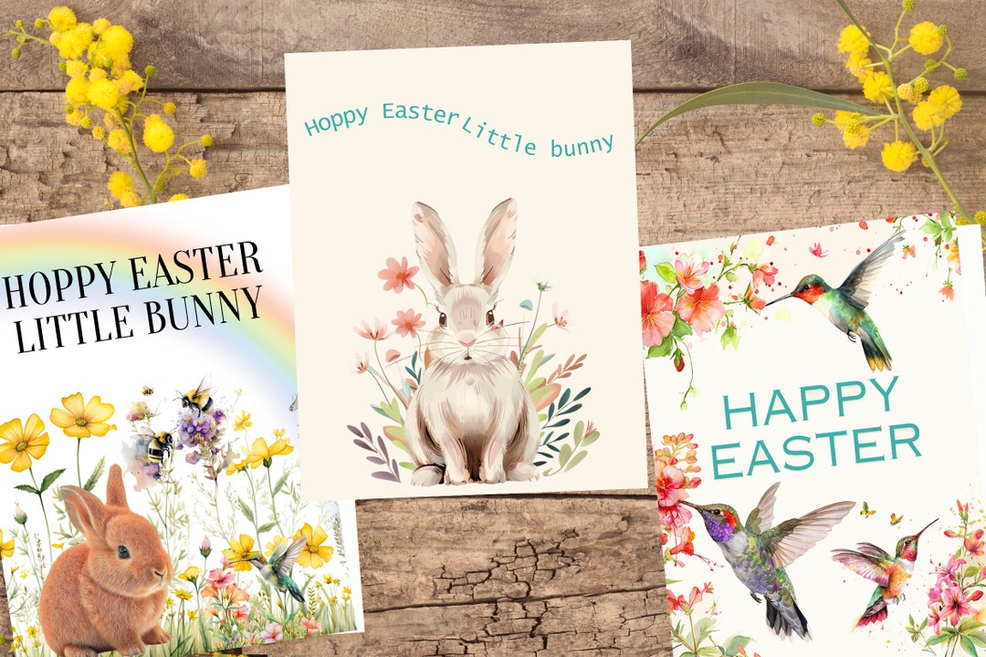 3 Digital Traditional Easter Cards, Bunnies and Hummingbirds, Print at ...