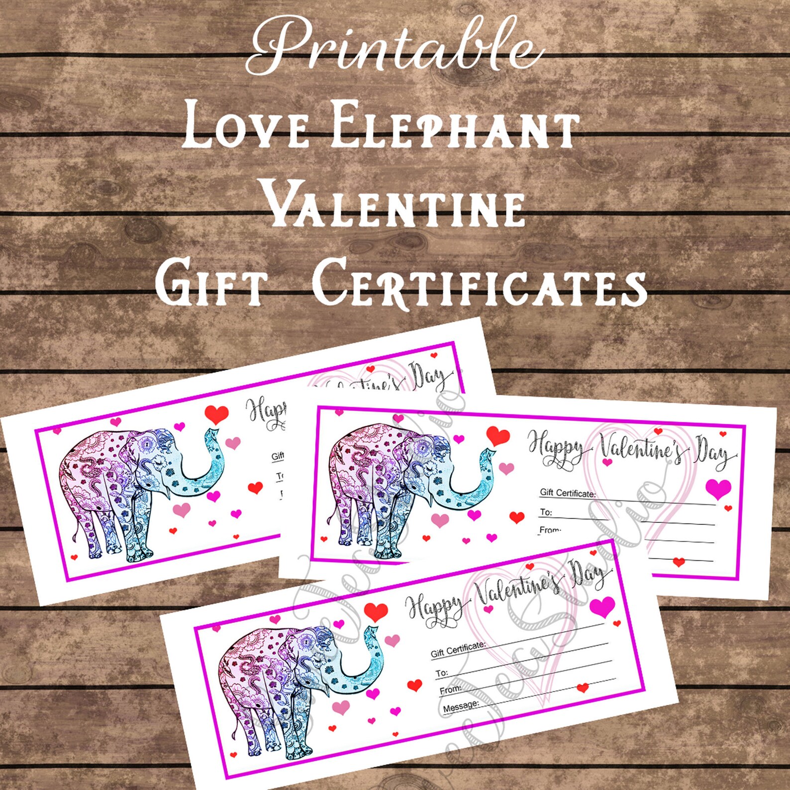 ELEPHANT LOVE Printable Valentine's Day Gift Certificates, Three per 8. ...