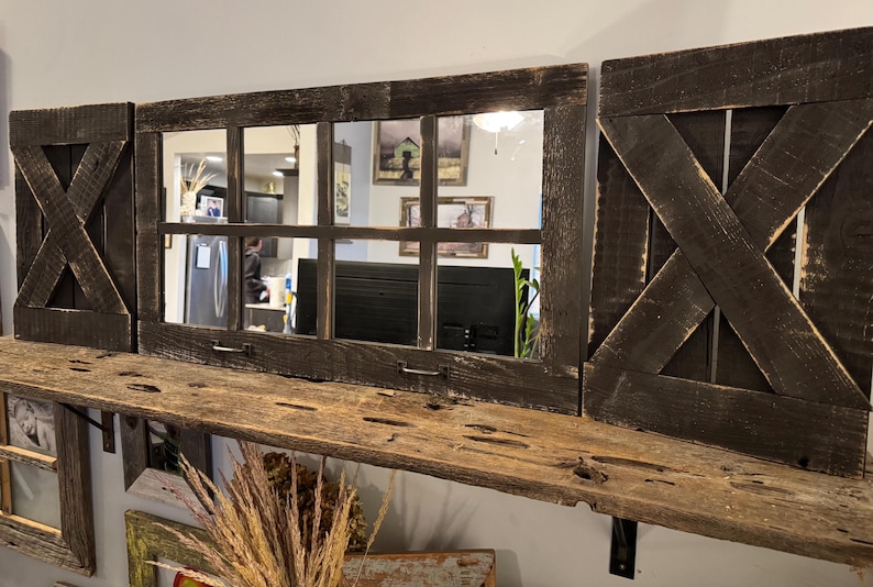 Rustic Reclaimed Wood Window Mirror With Shutters - Farmhouse Wall ...