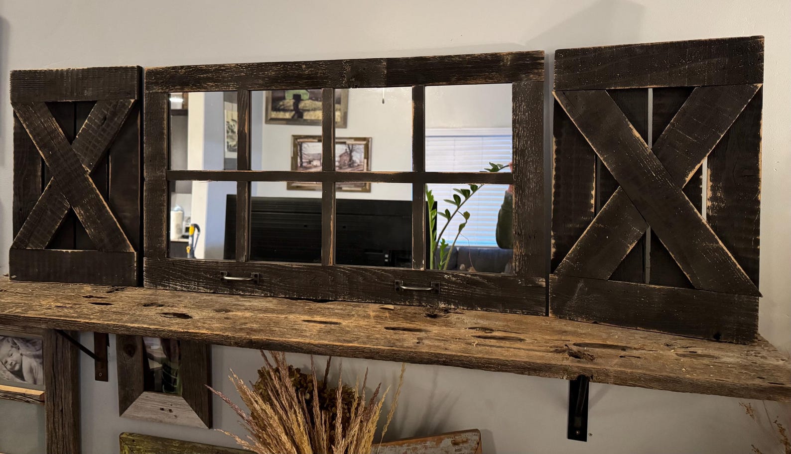 Rustic Reclaimed Wood Window Mirror With Shutters - Farmhouse Wall ...