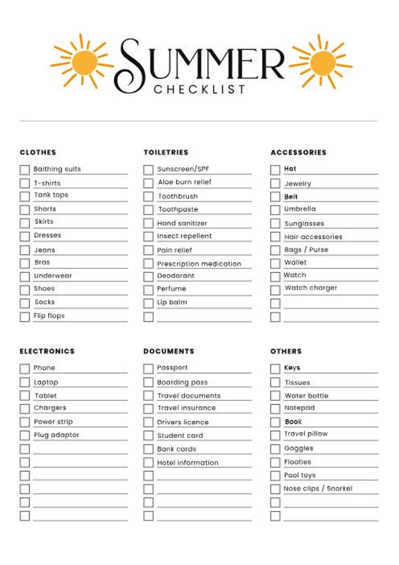 Summer Travel Checklist - Etsy