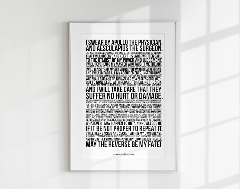 The Hippocratic Oath - Art Print - Hippocrates Medical Quote Poster ...