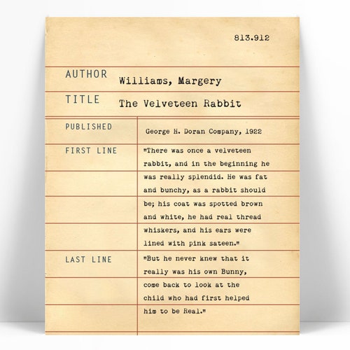 The Velveteen Rabbit by Margery Williams Library Card Art | Etsy