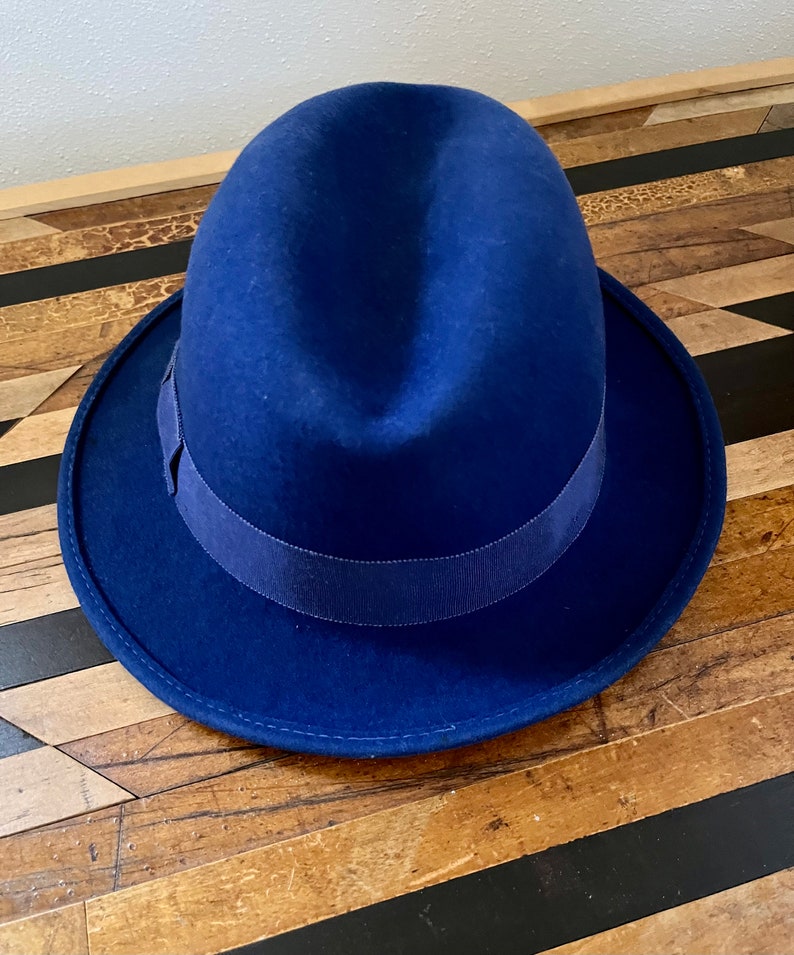 80s - BRONER - Blue Felt Fedora Hat - Etsy