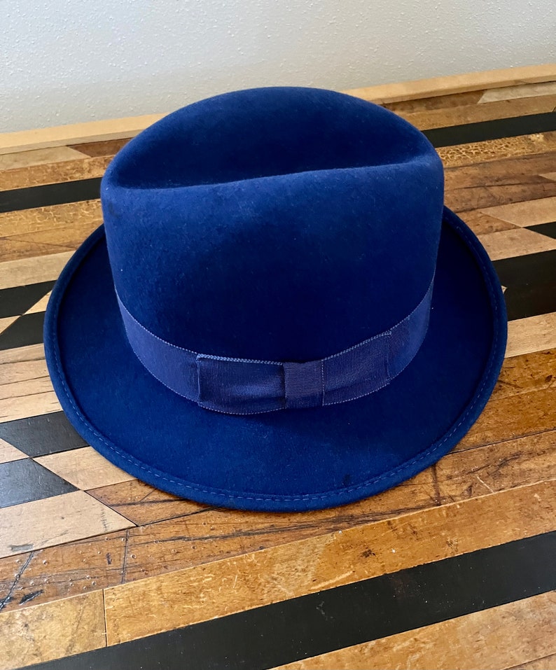 80s - BRONER - Blue Felt Fedora Hat - Etsy
