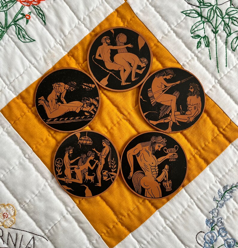 Vintage Set Of 5 Greek Erotic Terracotta Clay Coasters Etsy