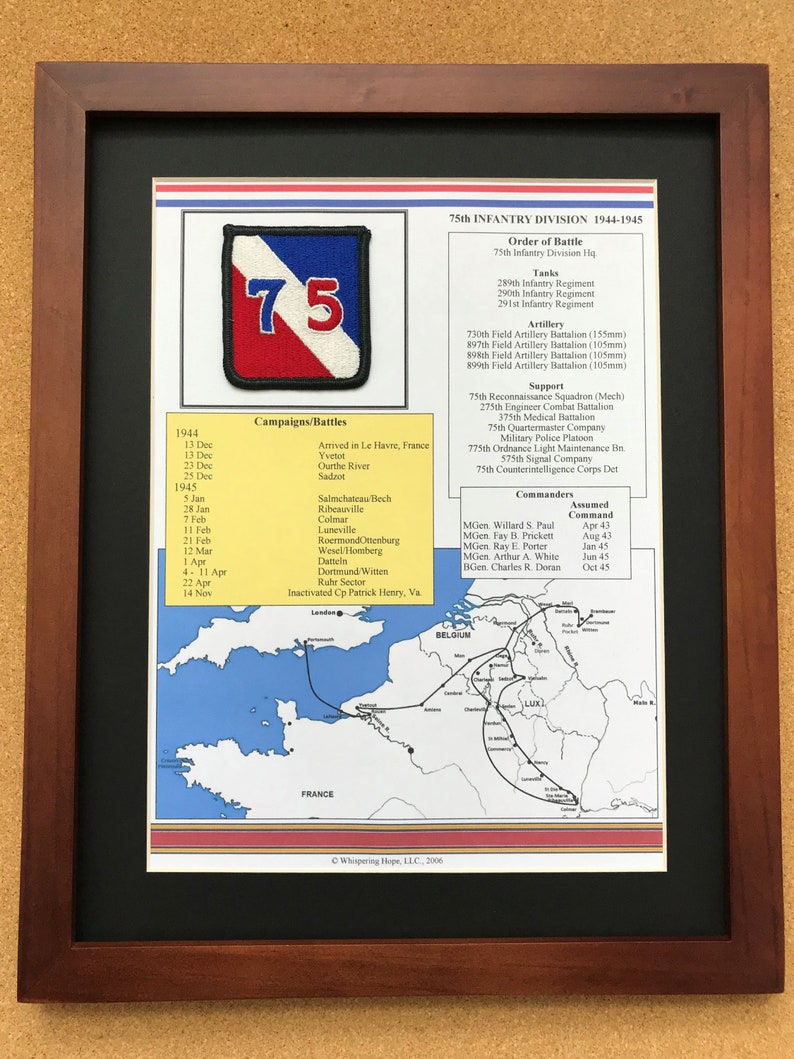 75th Infantry Division Insignia and History in World War II 11' X 14 ...