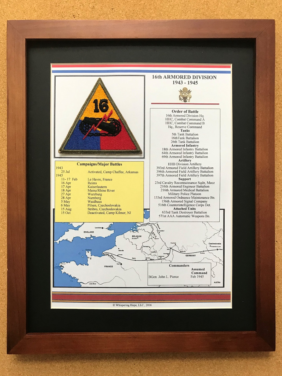 16th Armored Division Unit History and Patch in World War II 11" X 14 ...