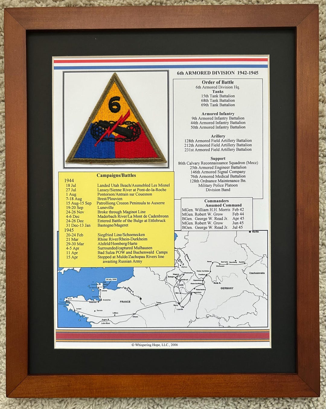 6th Armored Division Unit History and Patch in World War II 11" X 14 ...