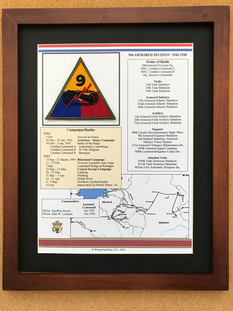 9th Armored Division Unit History and Patch in World War II 11" X 14 ...