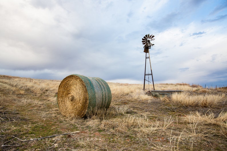 Country Photography Print Picture of Windmill and Round Hay | Etsy