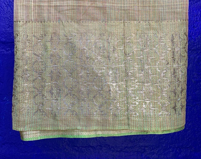 Vintage Cotton Indian Saree: Sage Green With Pale Gold Detailing - Etsy