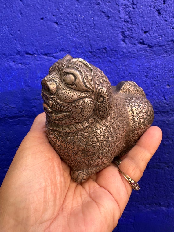 Vintage Chinese Silver Mixed Metal Foo Dog Box - Gem