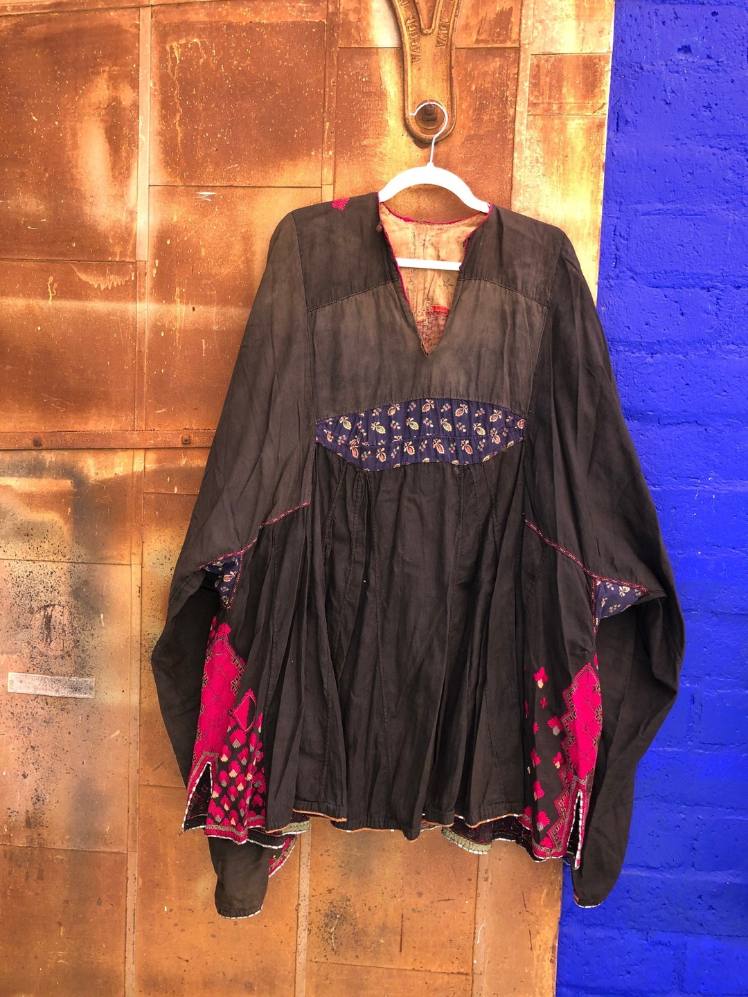Vintage Afghanistan Hand Embroidered Fuchsia on Black Cotton Tunic - Etsy