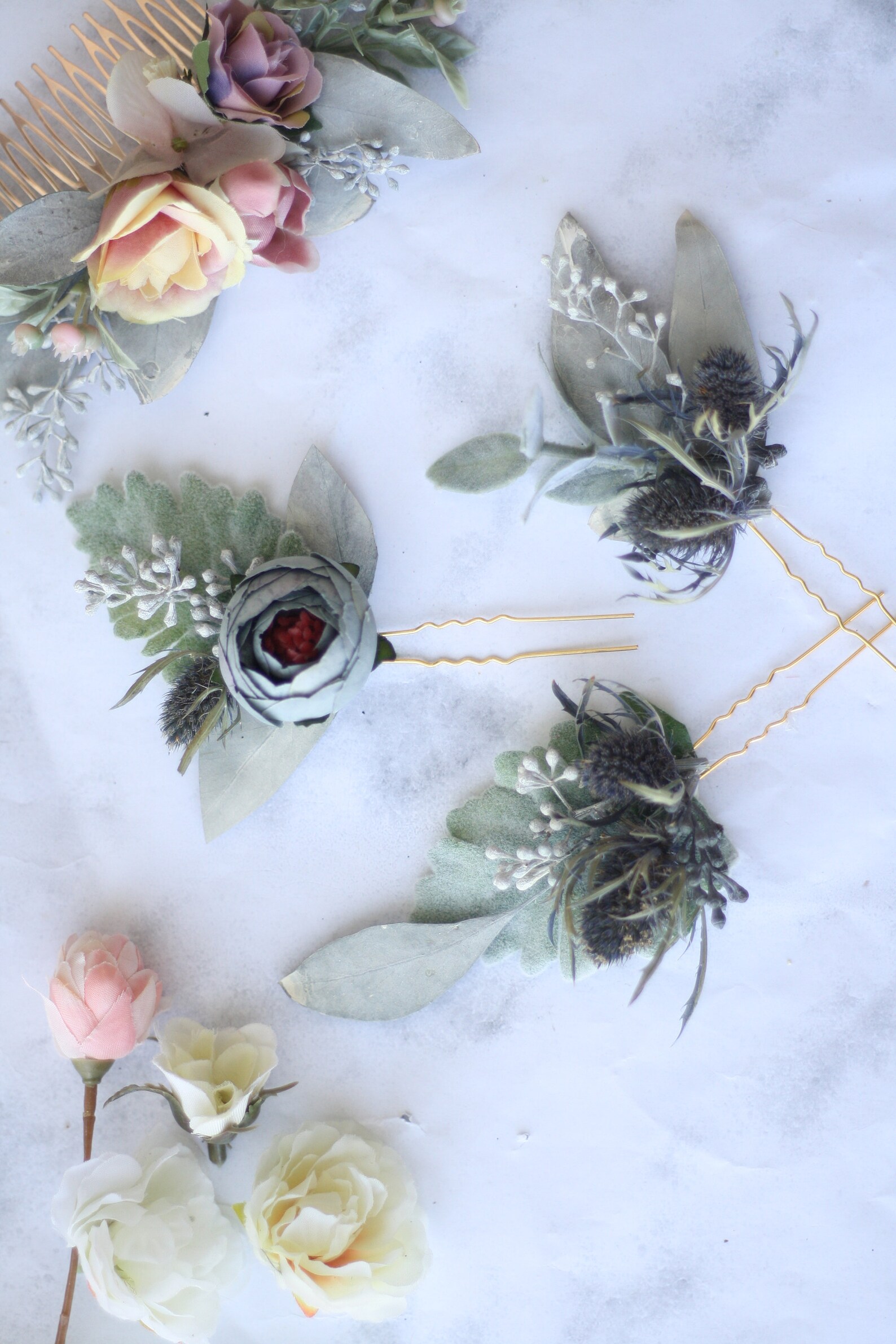 Eucalyptus Blue Thistle Hair Pins Greenery Bridal Hair Pin | Etsy