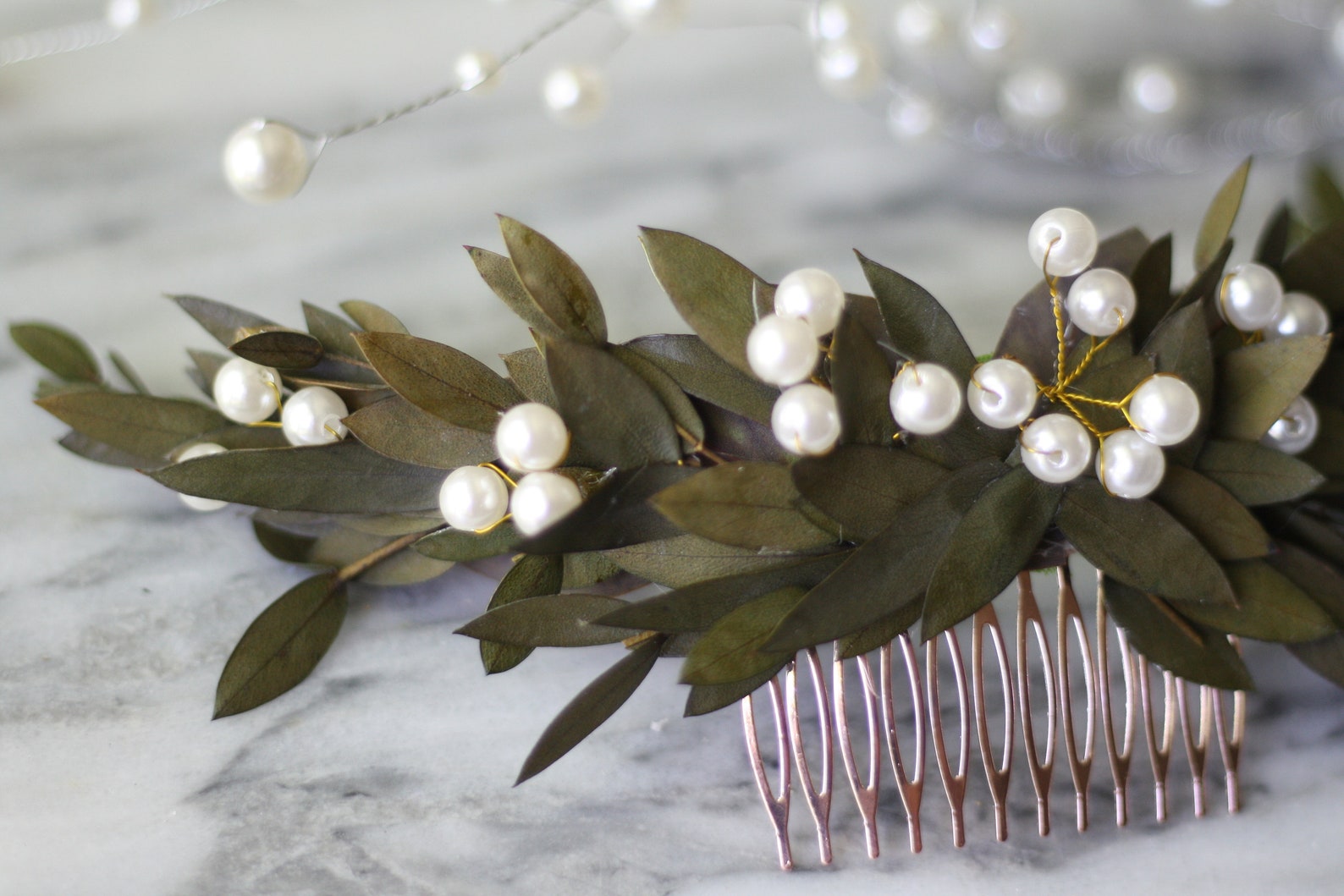 Pearl Greenery Half Crown Pearl Eucalyptus Hair Comb Wedding - Etsy