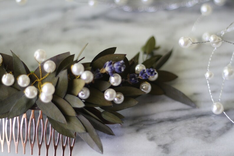 Pearl Greenery Half Crown Pearl Eucalyptus Hair Comb Wedding - Etsy