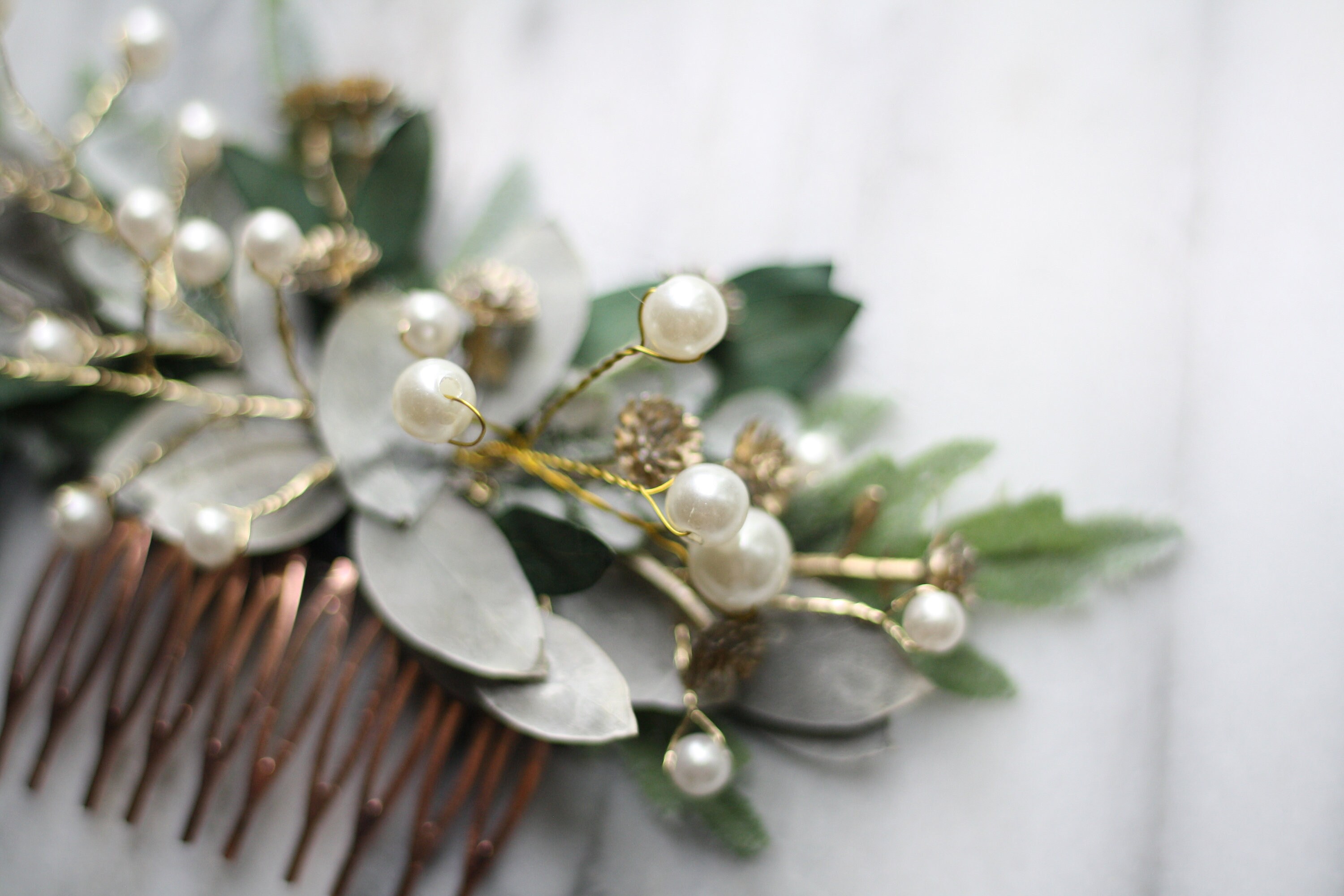 Eucalyptus pearl bridal comb greenery pearl hairpiece boho | Etsy