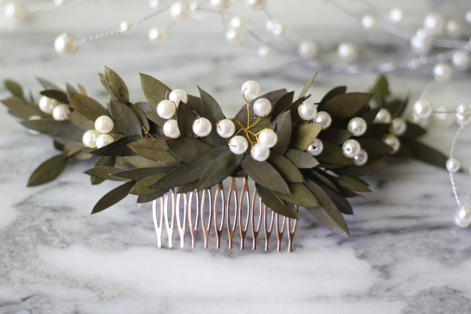 Pearl Greenery Half Crown Pearl Eucalyptus Hair Comb Wedding - Etsy