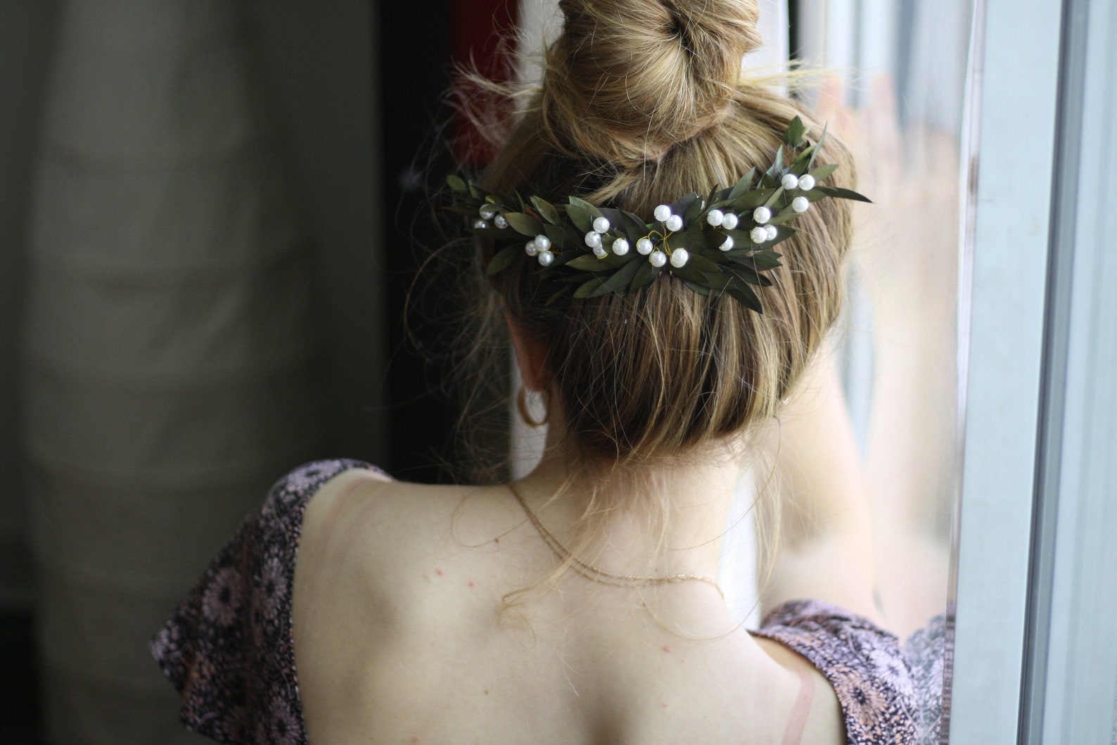 Pearl Greenery Half Crown Pearl Eucalyptus Hair Comb Wedding - Etsy