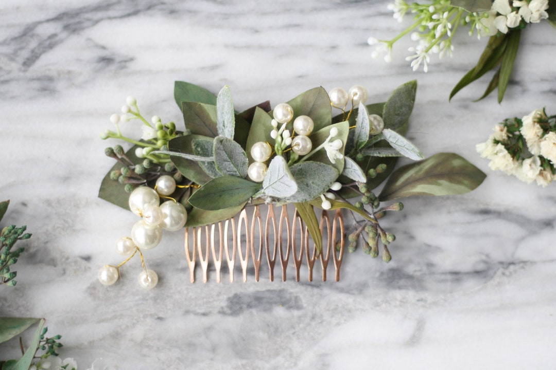 Eucalyptus Pearl Bridal Comb Greenery Bridal Hair Piece Boho Green ...