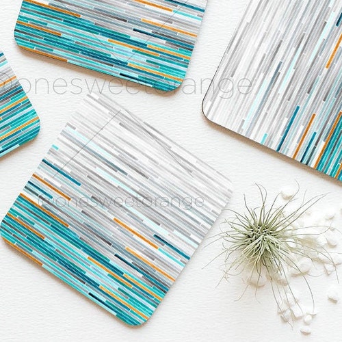 Teal Striped Coaster Set Coaster Set of 4 Watercolor Geometric | Etsy