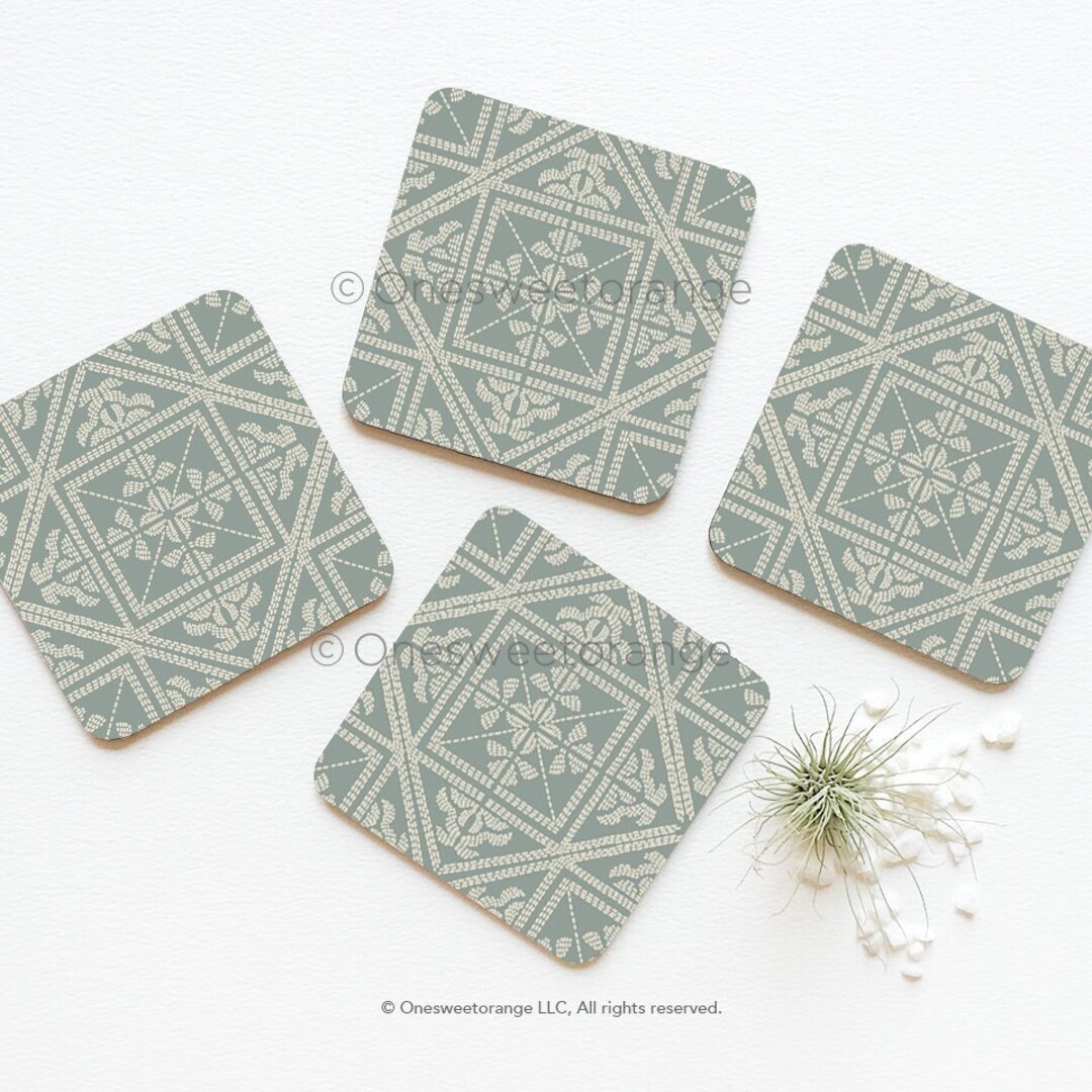 Sage Tile Coaster Set of 4 Dotted Tile Cork Coasters Gift for Her Boho ...