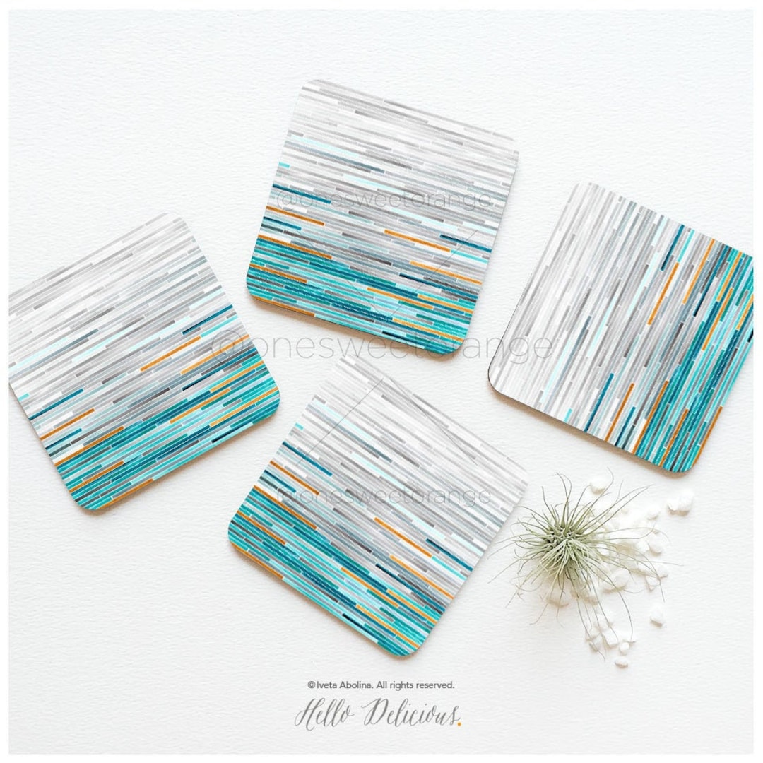 Teal Striped Coaster Set Coaster Set of 4 Watercolor Geometric Coasters ...