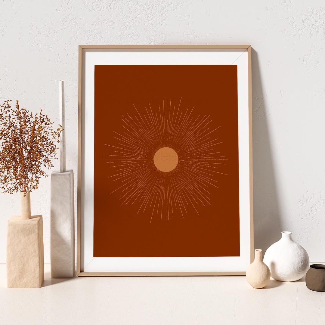 Rust Sun Art Sunburst Minimalist Line Art Sun Wall Art Poster Sunburst ...