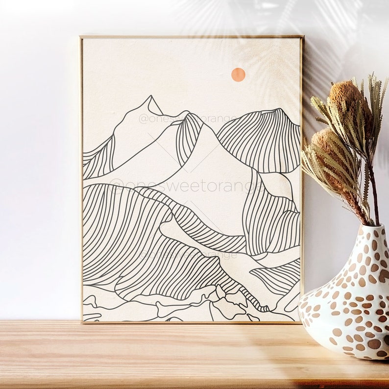 Mountain Sun Line Art Line Art Poster Line Drawing Print Line Art ...