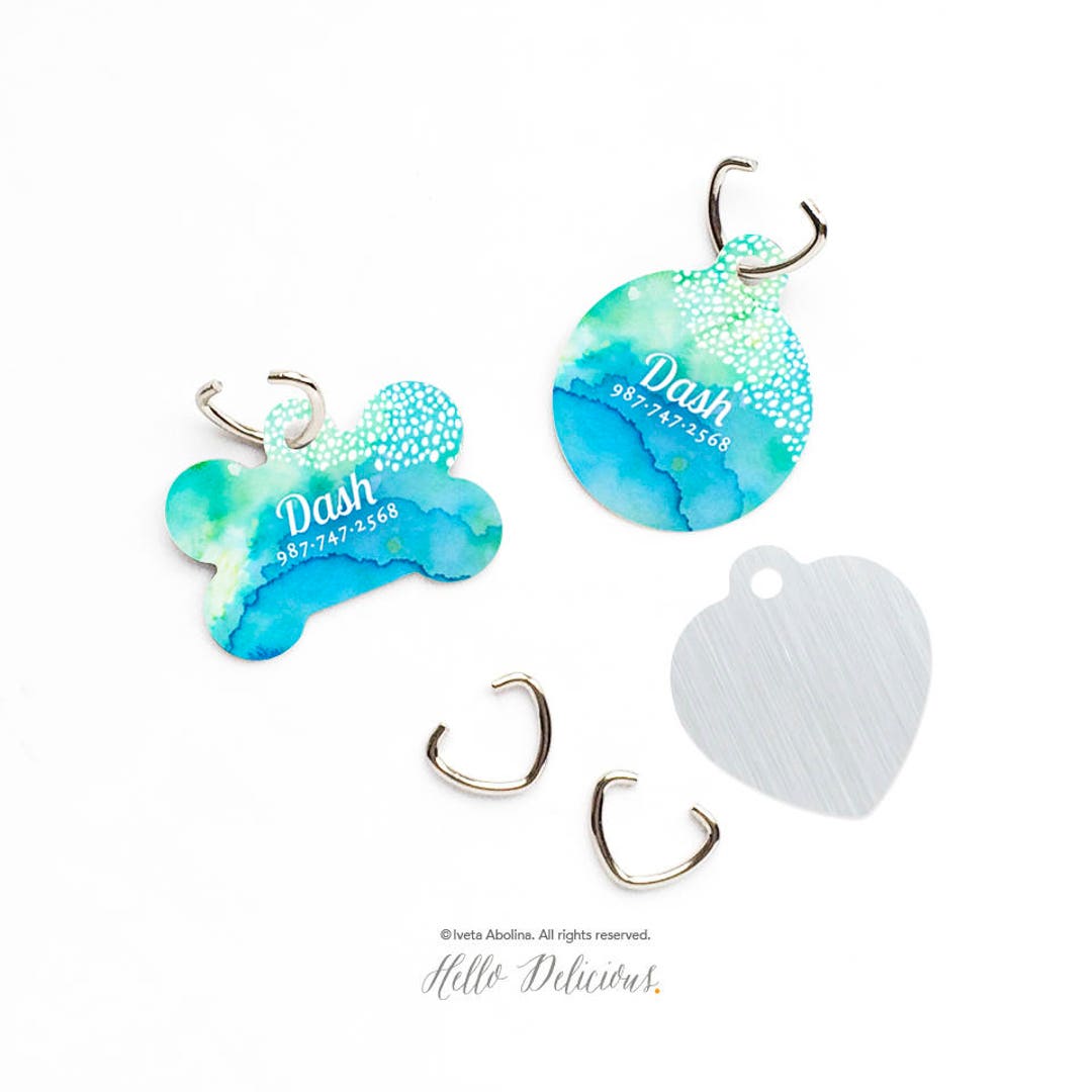 Dog Tag Aqua Watercolor Pet Tag Personalized Dog Tag Polka Dots Print ...
