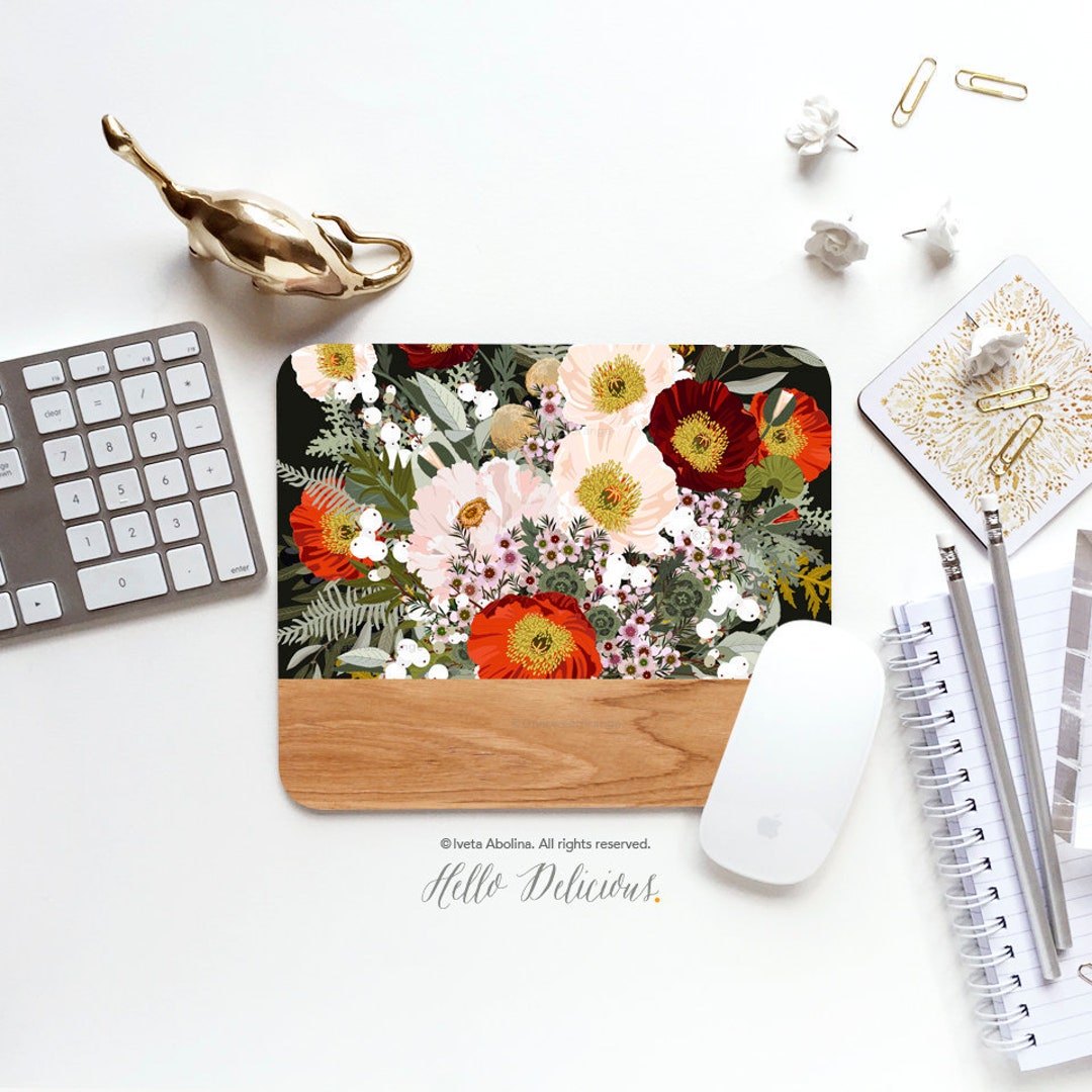 Mouse Pad Wood Floral Mouse Pad Poppy Mouse Pad Office Mouse - Etsy