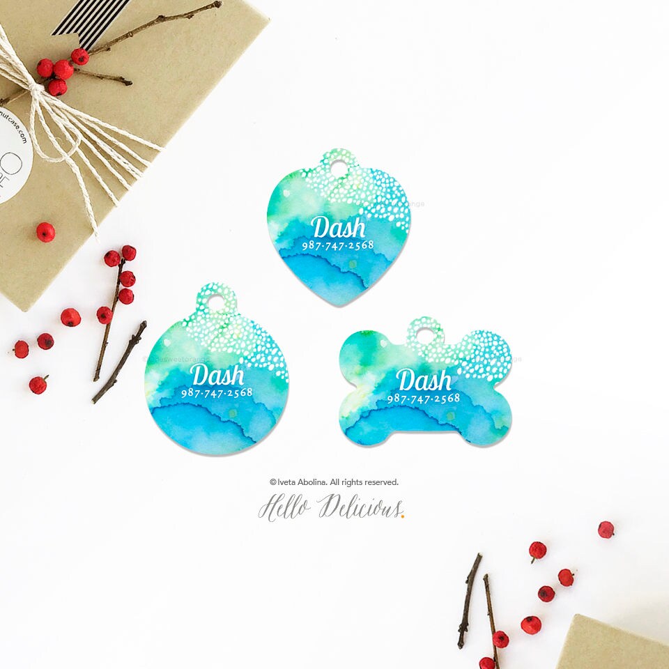 Dog Tag Aqua Watercolor Pet Tag Personalized Dog Tag Polka - Etsy Canada