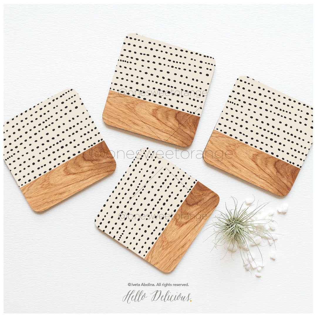 Coaster Set of 4 Polka Dots Cork Coasters Gift for Mom Faux Wood Cork ...