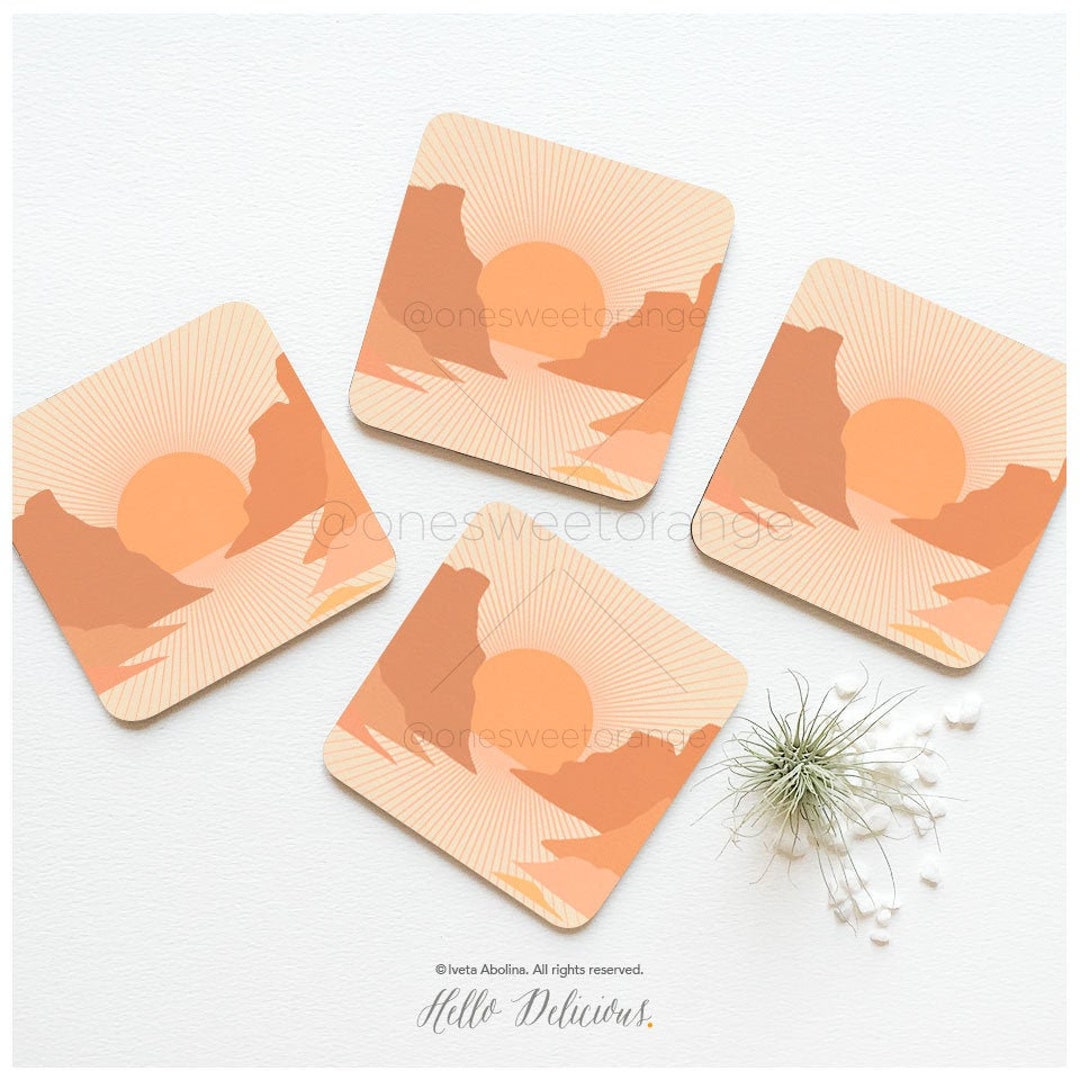 Sunset Coaster Set of 4 Sun Mountain Cork Coasters Mid Century Coaster ...