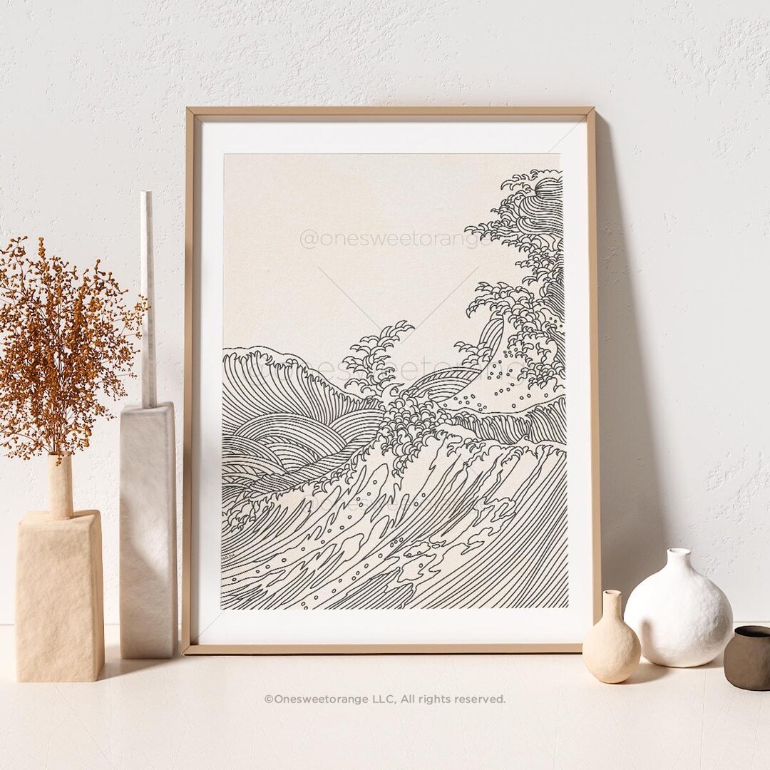 Japanese Wave Print Line Art Line Art Poster Waves Line Drawing Print ...