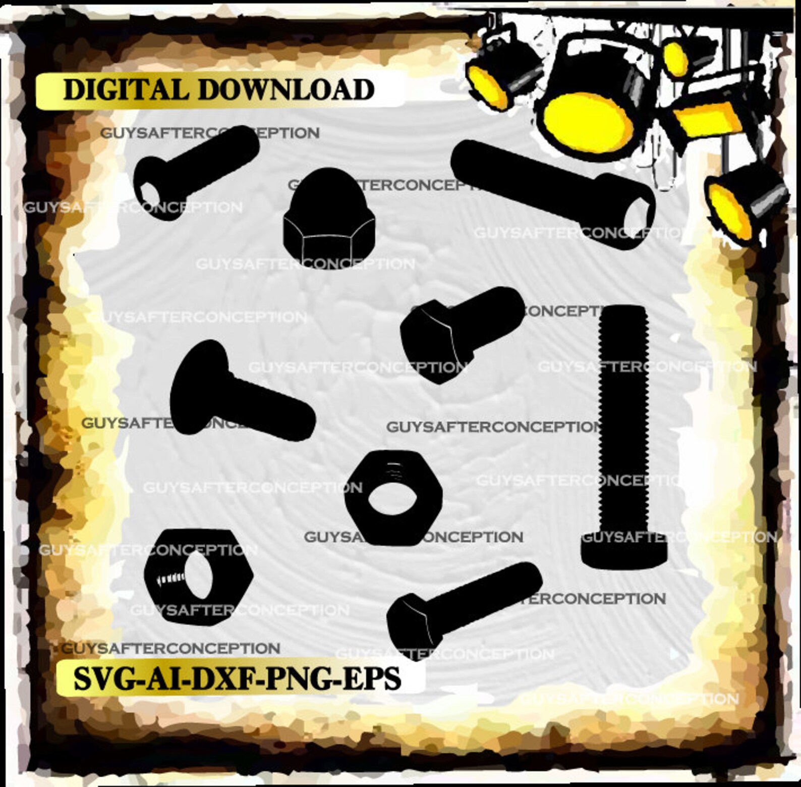 Nine Assorted Bolts Nuts Vector Image SVG Files Digital | Etsy