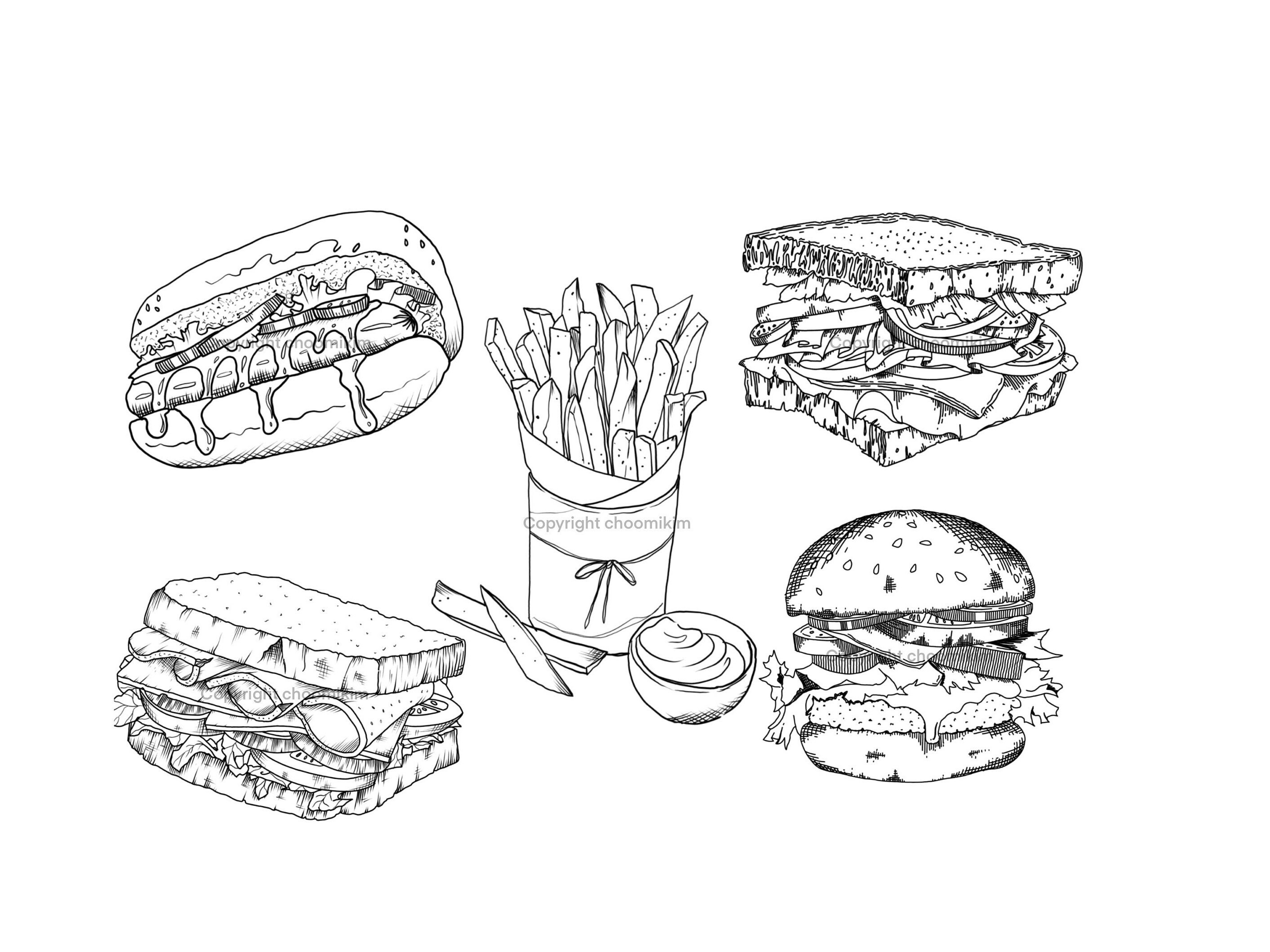 Fast Food Pub Food Clipart PNG Hand Drawn Line Art for - Etsy
