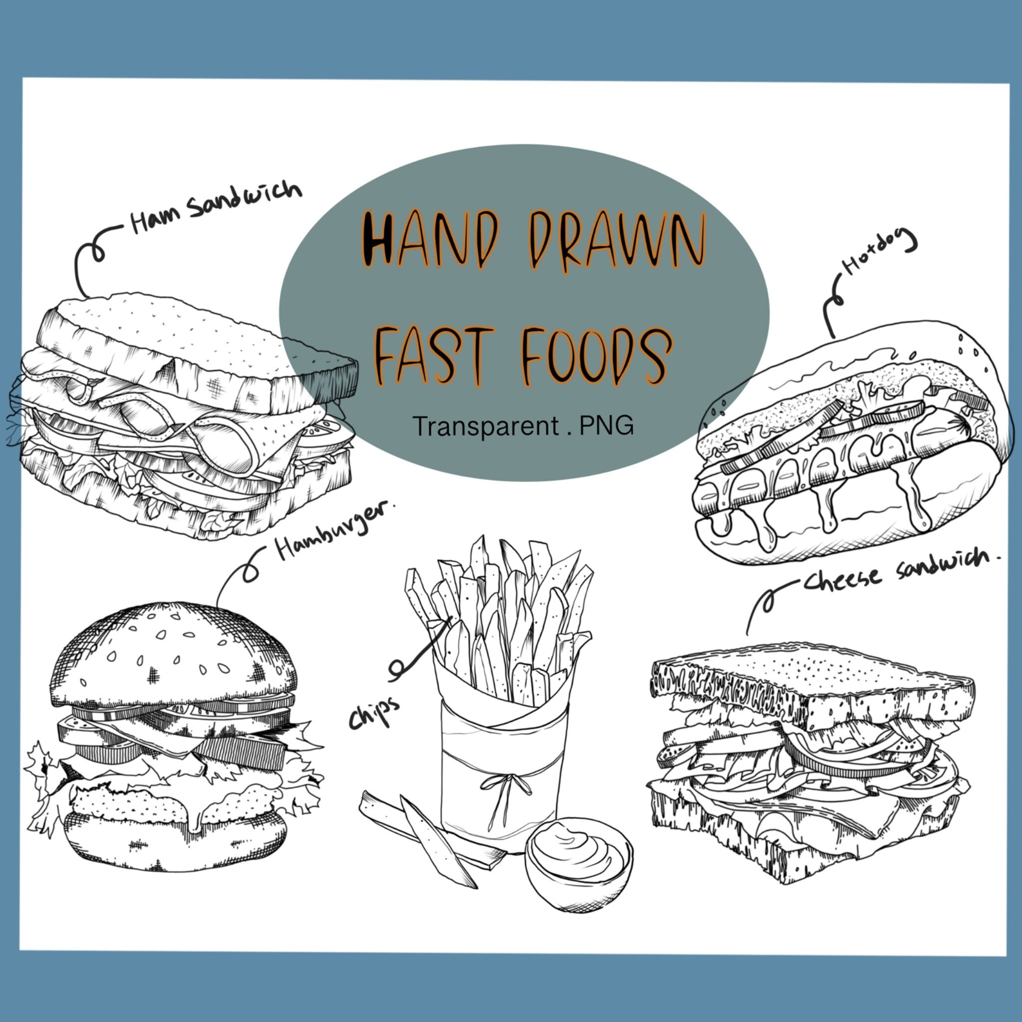 Fast Food Pub Food Clipart PNG Hand Drawn Line Art for - Etsy