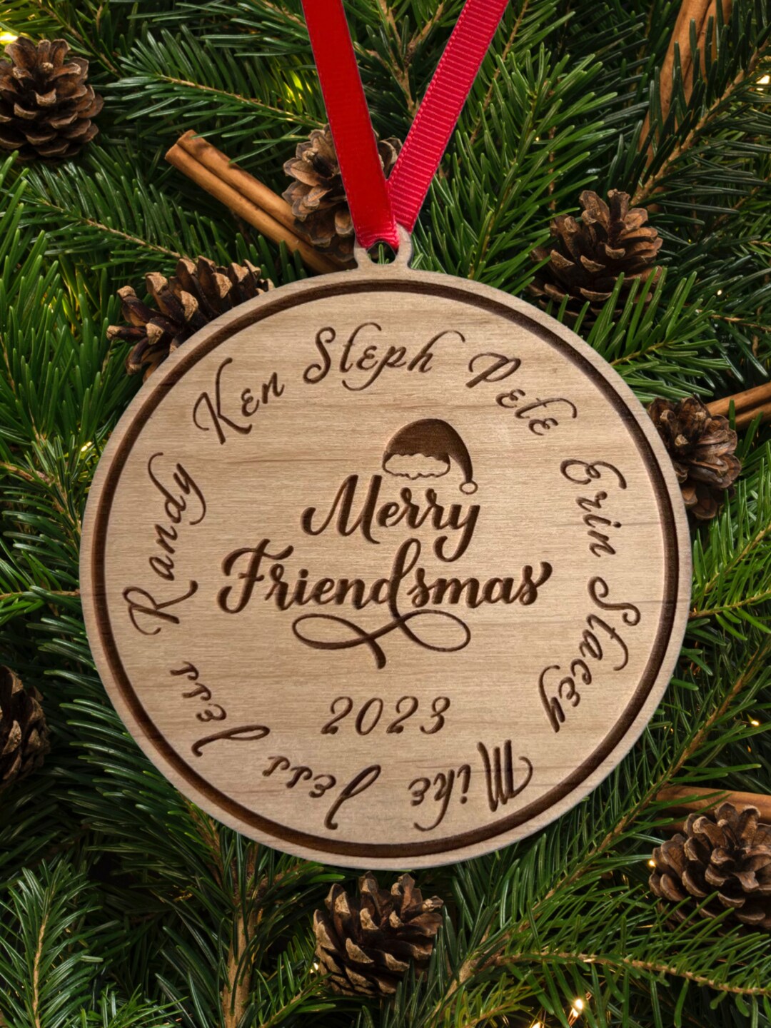 Personalized Friendsmas Ornament, Laser Engraved Wood, Santa Hat - Etsy