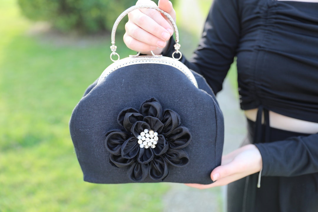 Handmade Hemp Wrist Purse: Black Flower Evening Bag - Etsy