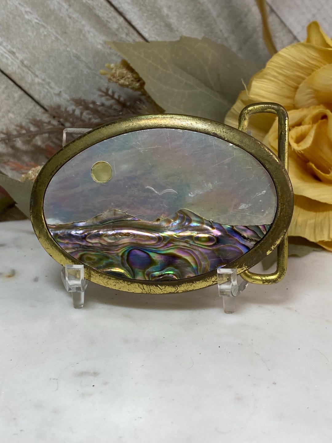 Vintage Oval Brass Belt Buckle Abalone Shell Inlay - Etsy